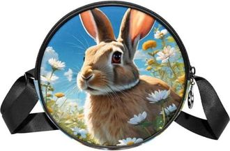 Generic Petit sac &agrave; bandouli&egrave;re circulaire pour femme, motif floral, lapin, sac &agrave; dos &agrave; bandouli&egrave;re avec fermeture &eacute;clair, bretelles r&eacute;glables, sac &agrave; main ron