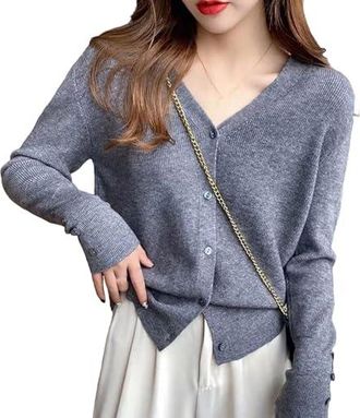 Generic Pull dhiver d&eacute;contract&eacute; &agrave; col en V pour femme - Haut tendance cor&eacute;en &agrave; manches longues - Solide et basique, Gris, taille unique