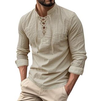 Generic Chemises en coton pour homme en lin pour homme - Chemise en lin &agrave; manches longues - Chemise en coton &agrave; manches longues - Coupe ajust&eacute;e - T-shirts d&eacute;co
