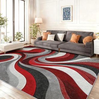 Generic Gris Rouge Tapis de Bain antid&eacute;rapant, Moquette d&eacute;coratifs Abstrait Vintage Ray&eacute; Art D&eacute;co Motif r&eacute;sistant &agrave; la d&eacute;coloration Hydrofuge pour Salon Chamb