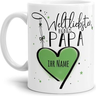 Tassendruck Keramik Tasse - Weltliebster Bonuspapa - zum selbst gestalten mit Name - Geschenk f&uuml;r den besten Bonuspapa - Wei&szlig;, 300 ml