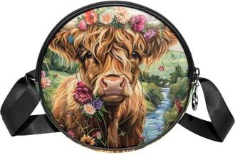 Generic Petit sac &agrave; bandouli&egrave;re rond pour femme, motif fleur de vache avec fermeture &eacute;clair, bretelles r&eacute;glables, sac &agrave; main rond d&eacute;contract&eacute; pour femmes et f