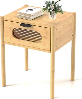 Giantex Nachttisch Bambus, Beistelltisch mit Schublade, Nachtschrank Nachtkonsole Holz mit erh&ouml;hten Beinen, Nachtkommode quadratisch, Kleiner Sofatisch f&uuml;r Sc