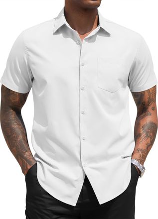 Coofandy Herren Hemd Kurzarm Businesshemd Freizeithemd Regular Fit Sommer Smart Casual Hemd mit Brusttasche Wei&szlig; M