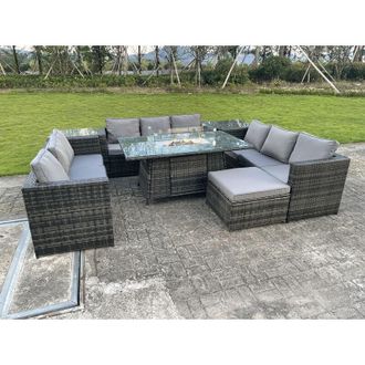 Fimous 10-Sitzer u Form Gartensofa Outdoor Rattan Gartenm&ouml;bel Set Gas Feuerstelle Brenner Tisch Sets mit Gro&szlig;er Hocker Beistelltisch - Fimous