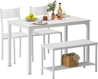 Soges Ensemble de Salle &agrave; Manger 4 pi&egrave;ces Table de Salle &agrave; Manger Meubles de Salle &agrave; Manger 2 chaises et Banc avec &eacute;tag&egrave;re en Bois et Structure en Acier