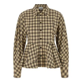 Ganni Karo-Flanell-Peplum-Shirt - - Blouses & Shirts - Damen - Beige - M