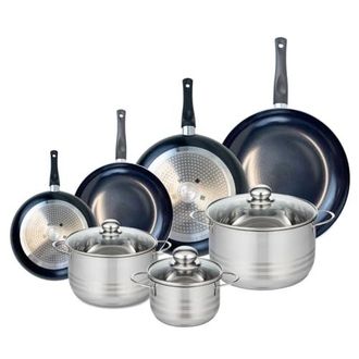 Fackelmann ELO 9755150 Batterie de cuisine 7 pièces, Ensemble de 4 Poêles de cuisson 20, 24, 28 et 32 cm et 3 faitouts 16, 20 et 24 cm Elo Prima Brillant, inox, 