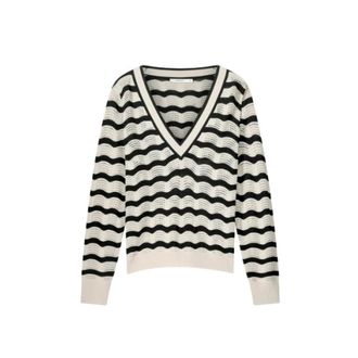 Summum Wave Gestreifter V-Ausschnitt Pullover - - Knitwear - Damen - Beige - M