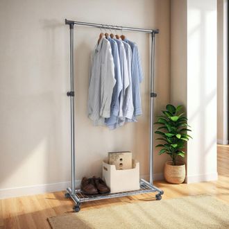 IDIMEX Garderobenwagen Orla mit Schuhablage, Chrom/grau - mobiler Kleiderständer mit Rollen, Rollgarderobe für Flur oder Schlafzimmer mit Ablage für 3 Paar S