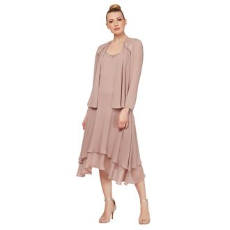 S.L. Fashions Womens Embellished Shoulder and Neck Jacket Dress, Cashmere Petite, 12P