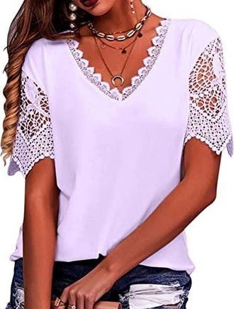 Onsoyours Chemisier Femme Sexy Chic Hauts À Manches Courtes Dentelle Ample Tunique Blouse Elégante Mode Col V Shirt Tops Imprimé Dété Vintage Basique Pull Top A