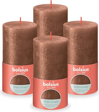 Bolsius Bolsius Rustikale Stumpenkerze - schimmerndes Kupfer - 4 St&uuml;ck - lange Brenndauer von 62 Stunden - Haushaltskerze - Innendekoration - geruchlos - inkl
