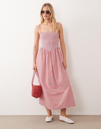 Abercrombie & Fitch Midi-H&auml;ngerkleid in Rot gestreift mit Puff&auml;rmeln