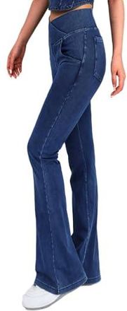 Onsoyours Jeggings Jeans Femme Leggings Taille Haute Flared Bootcut Jeans Ceinture Elastiquée Slim Denim Jeggings Extensible Pantalon de Sport A Bleu Foncé XXL