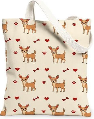 Generic Sacs fourre-tout en toile avec motif animal mignon, adorable chien et coeur, sacs d&eacute;picerie r&eacute;utilisables, l&eacute;gers et lavables, beige, 13x15 Inch