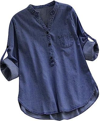 Generic Chemisier en jean pour femme - Chemisier d&eacute;contract&eacute; - Coupe d&eacute;contract&eacute;e - Boutons de couleur unie - Confortable - Manches longues - Tendance - Polyv