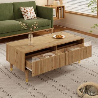 STILVORA Table basse avec 2 Tiroirs et LED 7 Couleurs, Plateau Ondul&eacute;, Style Moderne, en MDF et Pieds Bois Massif, 110&times;50&times;40 cm, Naturel