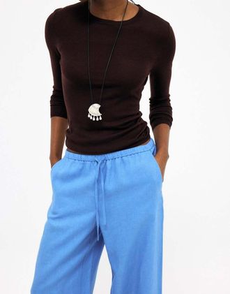 NA-KD Pantalon en lin avec cordon de serrage - Bleu