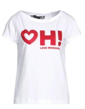 Love Moschino T-Shirt Damen T-Shirt Heart OH! mit Strassdetails Boxy Fit mit Herzmotiv, verziert mit roten Strasssteinen