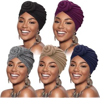 Dreshow 5 Pièces Turban Africain pour Femme Bonnet Pré-noué Bonnet Chimio Casquette de Perte de Cheveux Chapeau