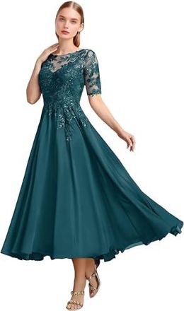 Generic Appliques en dentelle Robe de m&egrave;re de la mari&eacute;e pour mariage en mousseline de soie longueur th&eacute; manches 3/4 A ligne formelle robe de soir&eacute;e, paon, 44