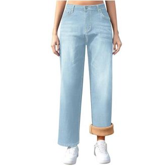 Generic Pantalon d&eacute;contract&eacute; doubl&eacute; en polaire pour femme - Taille haute - Extensible - Jambe droite - Pantalon en jean chaud pour lhiver, bleu clair, XXL