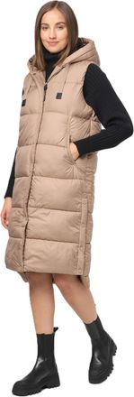 Marikoo Damen Weste Steppweste lang gesteppte Übergangsweste Kapuze warm B967 [B967-Sayor-Taupe-Grey-Gr.XL]