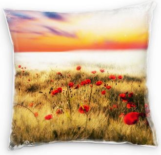 Paul Sinus Art Blumen, braun, rot, blau, Klatschmohn, prächtiger Himmel Deko Kissen 40x40cm für Couch Sofa Lounge Zierkissen - Dekoration zum Wohlfühlen