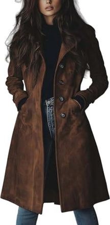 Generic Veste en daim pour femme, style rétro, à double boutonnage, à revers classique, mince, manteau en daim synthétique élégant, marron, XL