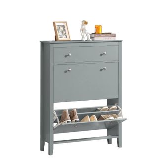 SoBuy Schuhschrank Schuhkipper Schmal mit 2 Klappen und Schublade - Schuhregal f&uuml;r Flur, Kommode f&uuml;r 12-14 Paar Schuhe, Grau, 80x108x25cm, Robust und platzs