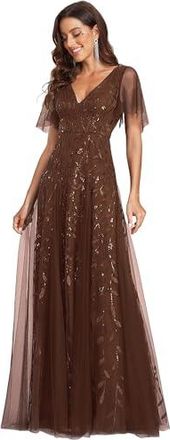 Ever-pretty Robes de Soir&eacute;e Femmes Longues Manches Volants Tulle Paillettes de Feuilles Col V Chic Brun 46