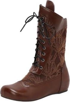 Generic Bottes mi-mollet pour femme - Talon plat - Style d&eacute;contract&eacute; - Style r&eacute;tro - Confortable - &Agrave; lacets - Avec augmentation interne, marron, 36.5 EU
