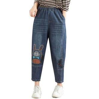 Generic Jean imprim&eacute; &agrave; la taille pour femme avec cordon de serrage brod&eacute; taille haute extensible en denim baggy tendance ventre plat coupe ajust&eacute;e jambe fusel