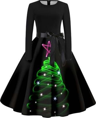 Generic A Line Robe de No&euml;l &agrave; manches longues avec fermeture &eacute;clair &agrave; la taille et col rond pour femme, Vert, XXL