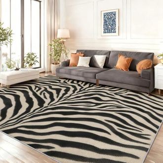 Generic Tapis de Salon 120 x 170 cm, Beige Tapis Lavable &agrave; Poils Courts antid&eacute;rapant Doux, Motif Tendance Animaux Rayures De Z&egrave;bre, pour Chambre denfant Burea