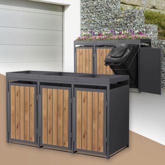 ML Design ML-Design M&uuml;lltonnenbox 3er mit Pflanzdach, M&uuml;lltonnenverkleidung f&uuml;r 3 Tonne, 240L, 196x80x124 cm, Anthrazit-Holzoptik, aus Stahl, wetterfest, M&uuml;llbo