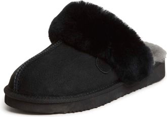 Dearfoams Dearfoams Damen Fireside Sydney Shearling Pelz Slipper für Drinnen und Draußen Breiten Hausschuh, Schwarz, 38.5 EU Weit