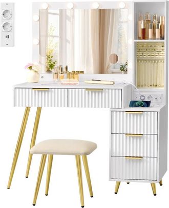 Vasagle Coiffeuse avec Miroir et Tabouret, Table de Maquillage avec Tiroirs, Loupe 10x, Éclairage LED, Plateau à Bijoux, Multiprise, 40 x 110 x 135 cm, Blanc