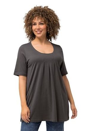 Ulla Popken T- Shirt, Zierfalten, A-Linie, Rundhals, Halbarm, Modal, Gris Graphite, 52-54 Femme