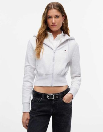 Tommy Jeans taillierter Fleece-Hoodie mit durchgehendem Rei&szlig;verschluss in meliertem Eisgrau