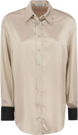 Brunello Cucinelli Femme, Blouses et Chemises, Beige, Taille: 44 FR Contrast Cuff Satin Soft Shirt