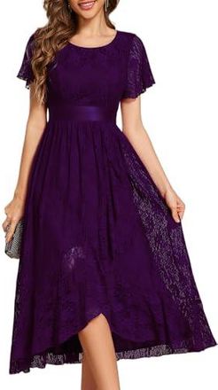 Ever-pretty Robe Mère de Mariée Midi Dentelle Col Rond Manches Volants High Low Voilet Foncé 38