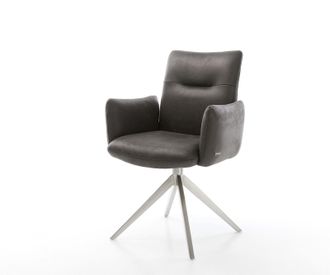 DELIFE Drehstuhl Jova-Flex mit Armlehnen Mikrofaser Anthrazit Vintage Kreuzgestell breit Edelstahl 360&deg; drehbar Wippfunktion Taschenfederkern, Esszimmerst&uuml;hl