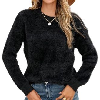 Generic Chandail à fourrure décontracté à manches longues pour femme, léger et pelucheux - Chandail confortable à col rond en polaire douce, Noir, M