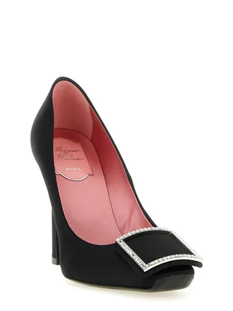Roger Vivier Womens Rhinestone-Buckle Square-Toe Pump Black Viscose Silk