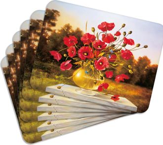 MG Design Set aus 6 Kork-Platzsets - Poppies - 30 x 40 cm - hitzebest&auml;ndig & abwischbar, mit Korkr&uuml;ckseite