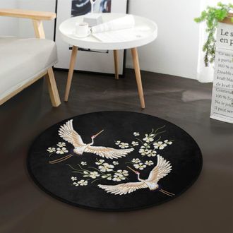 Mnsruu Teppich, japanischer weißer Kran, mit Kirschblüten, rund, für Wohnzimmer, Schlafzimmer, 92 cm Durchmesser