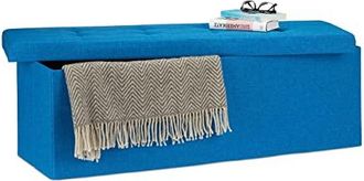 Relaxdays Faltbare Sitzbank XXL, Sitzcube mit Stauraum, Sitzw&uuml;rfel aus Leinen, mit Deckel, HBT 38 x 114 x 38 cm, blau