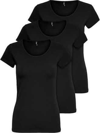 Only 15209153 - Lot de 3 t-shirts pour femme - Noirs ou blancs - Manches courtes - Longs - Basiques - T-shirts dété - Tailles XS, S, M, L et XL, Noir, XS